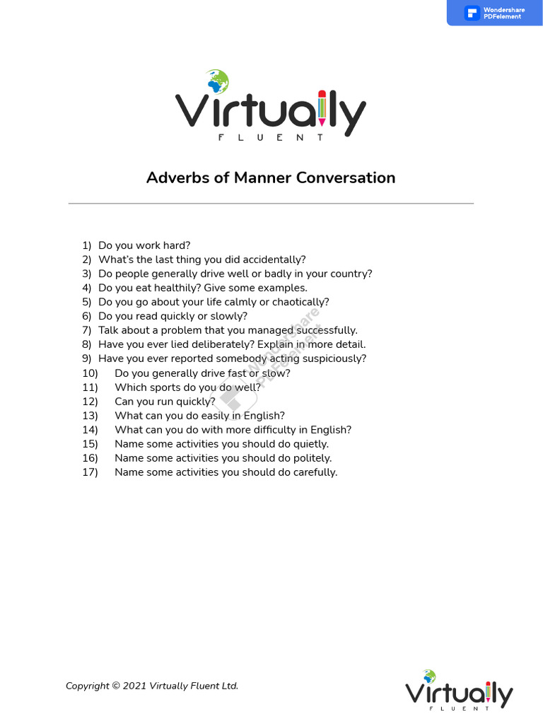 10 Adverbs of Manner Conversation Questions | PDF