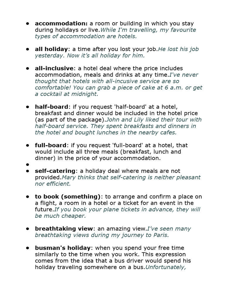 Holiday and Travel Vocab | PDF | Meal | Tourism