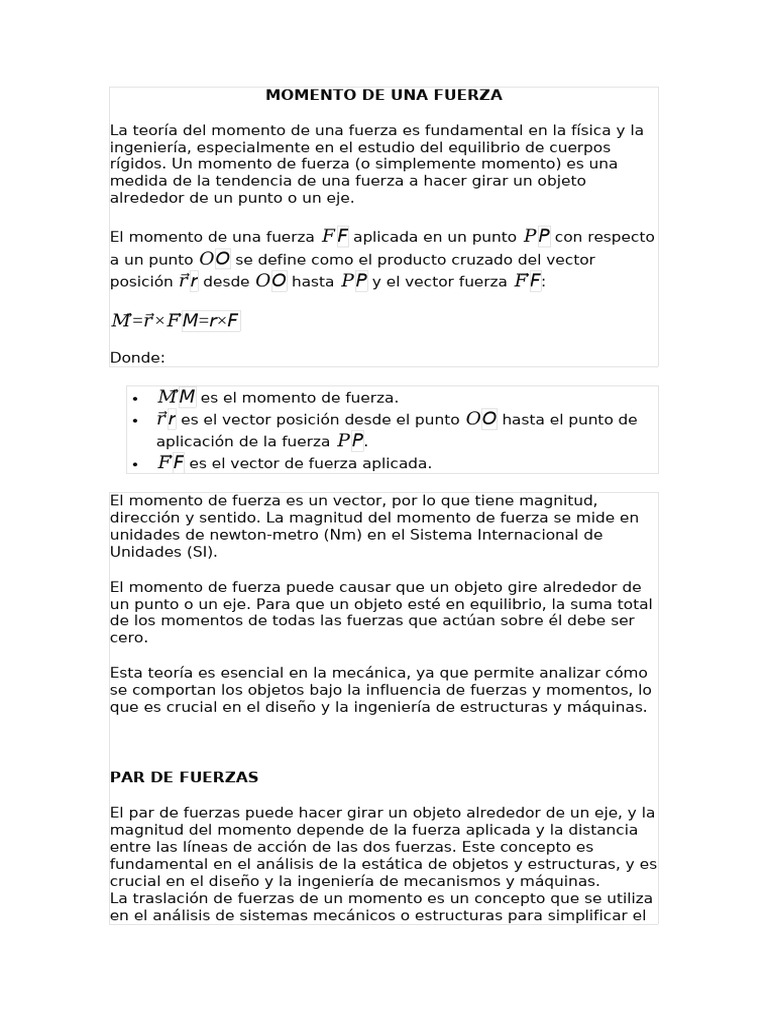 Momento de Una Fuerza | PDF | Fuerza | Esfuerzo de torsión