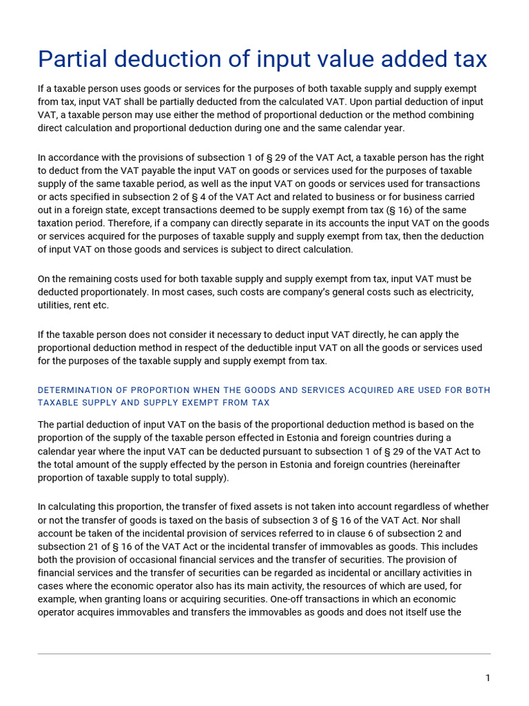 Partial Deduction of Input Value Added Tax | PDF | Value Added Tax ...