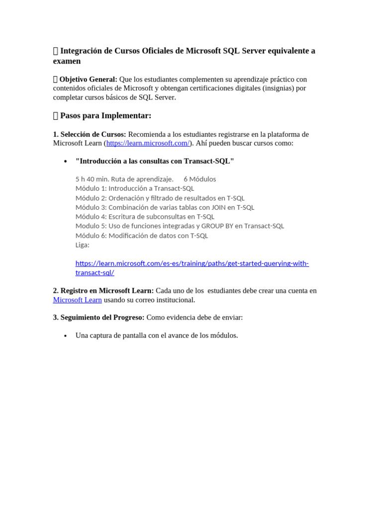? Integración de Cursos Oficiales de Microsoft SQL Server Examen de Casa | PDF | Servidor SQL de ...