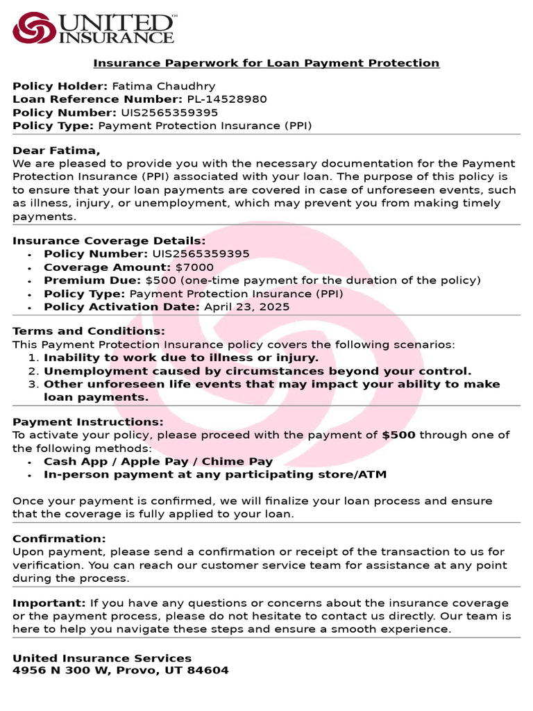 Loan Payment Protection Insurance Details | PDF