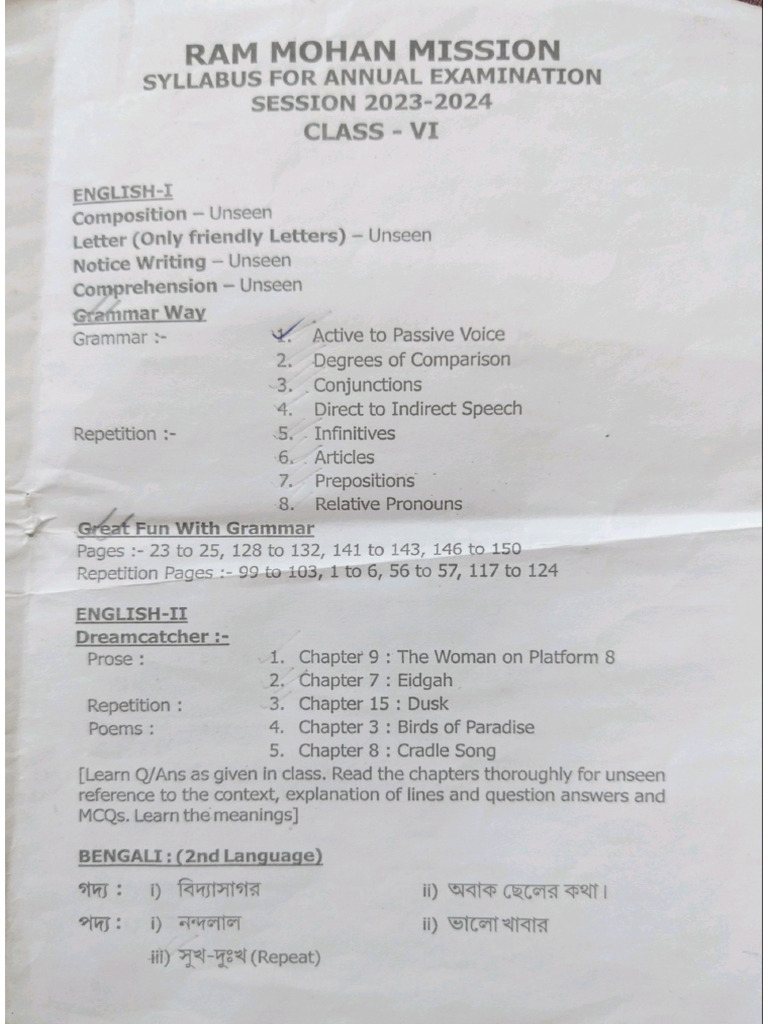 Class VI Annual Syllabus and Question Papers | PDF