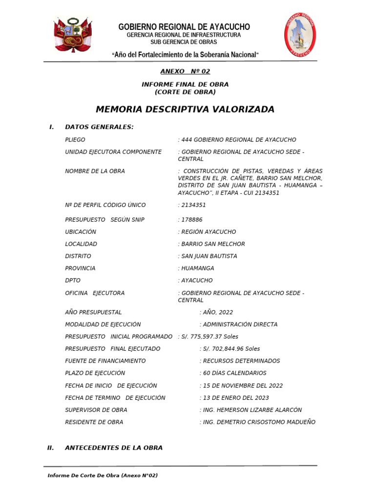 3 Informe Final de Obra - Memoria Descriptiva Valorizada | PDF | Hormigón | Cemento