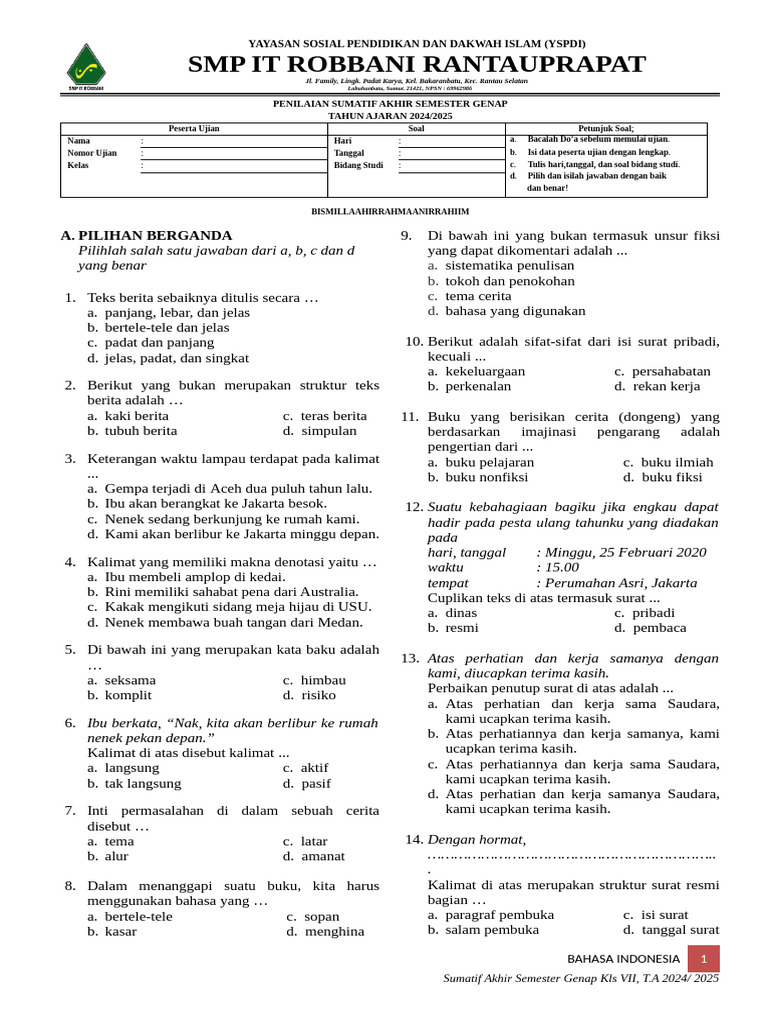 Penilaian Akhir Semester SMP IT Robbani | PDF