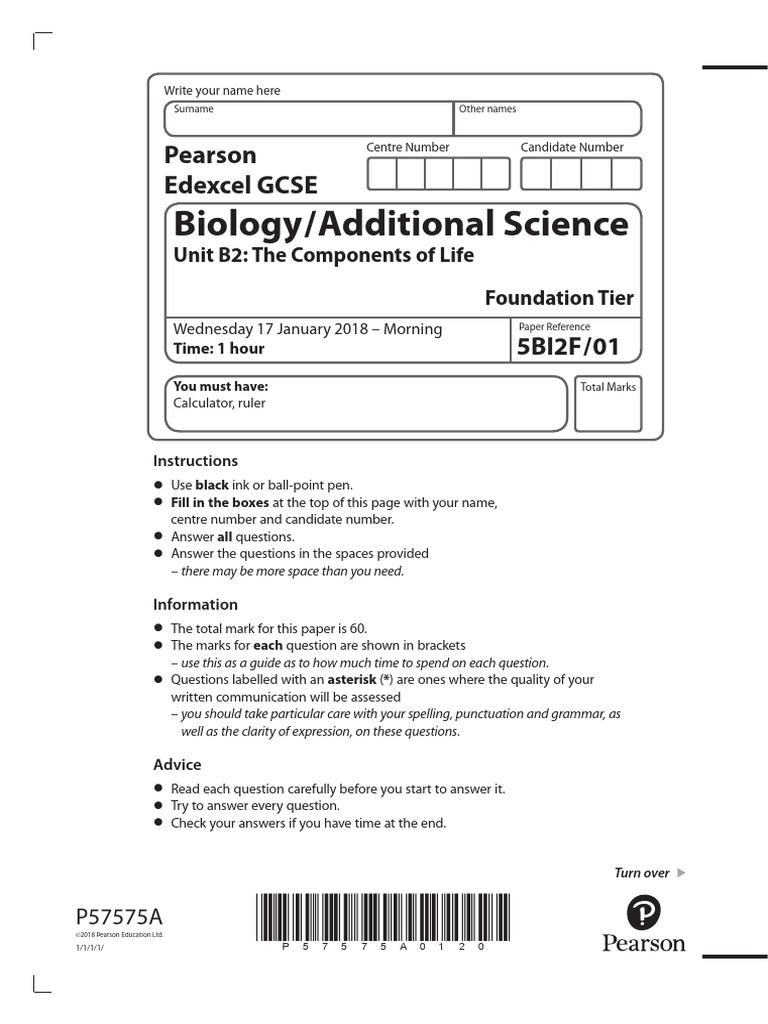 Questionpaper UnitB21F January2018 GCSE Edexcel Biology | PDF ...