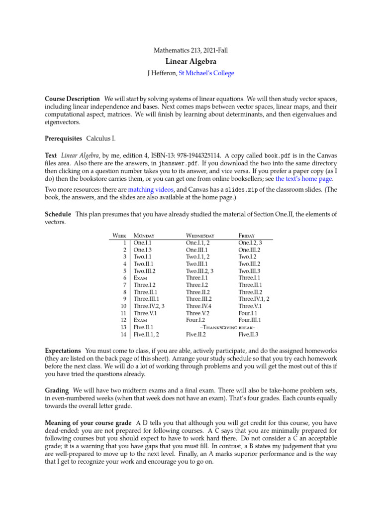 Linalg4 Hefferon Syllabus | PDF | Eigenvalues And Eigenvectors | Linear Algebra