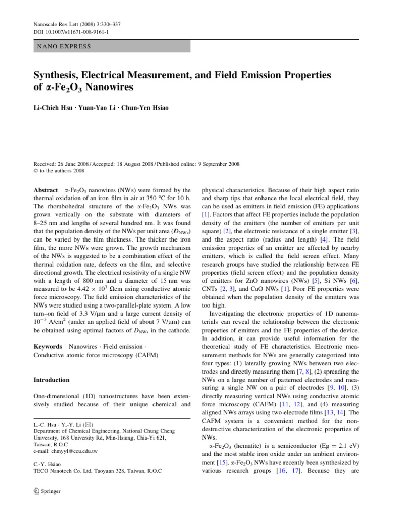 C_FNT_12. Synthesis, Electrical Measurement, and Field Emission Properties of a-Fe2O3 Nanowires ...