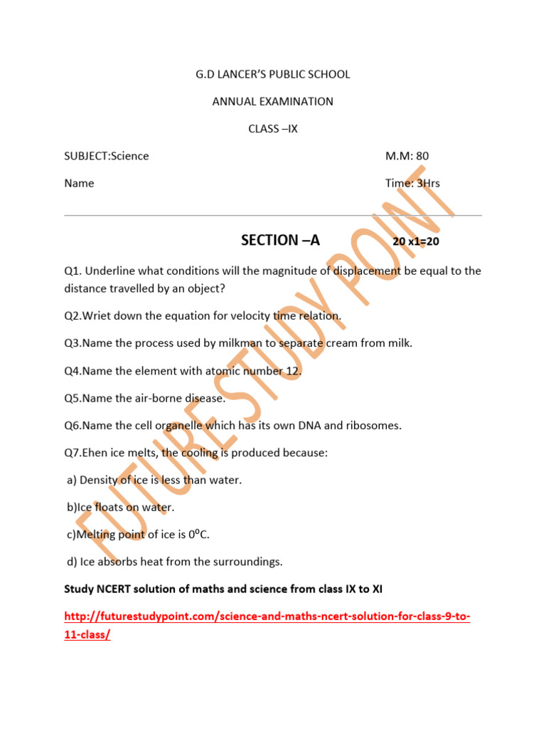 Class Ix Science Question Paper Latest-converted (1) | PDF | Atoms | Mass