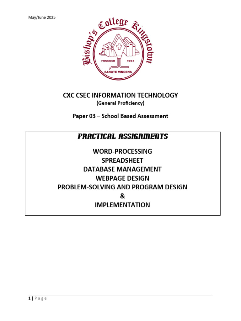 CSEC-INFORMATION-TECHNOLOGY-SBA-2025 - New | PDF | Worksheet | Algorithms