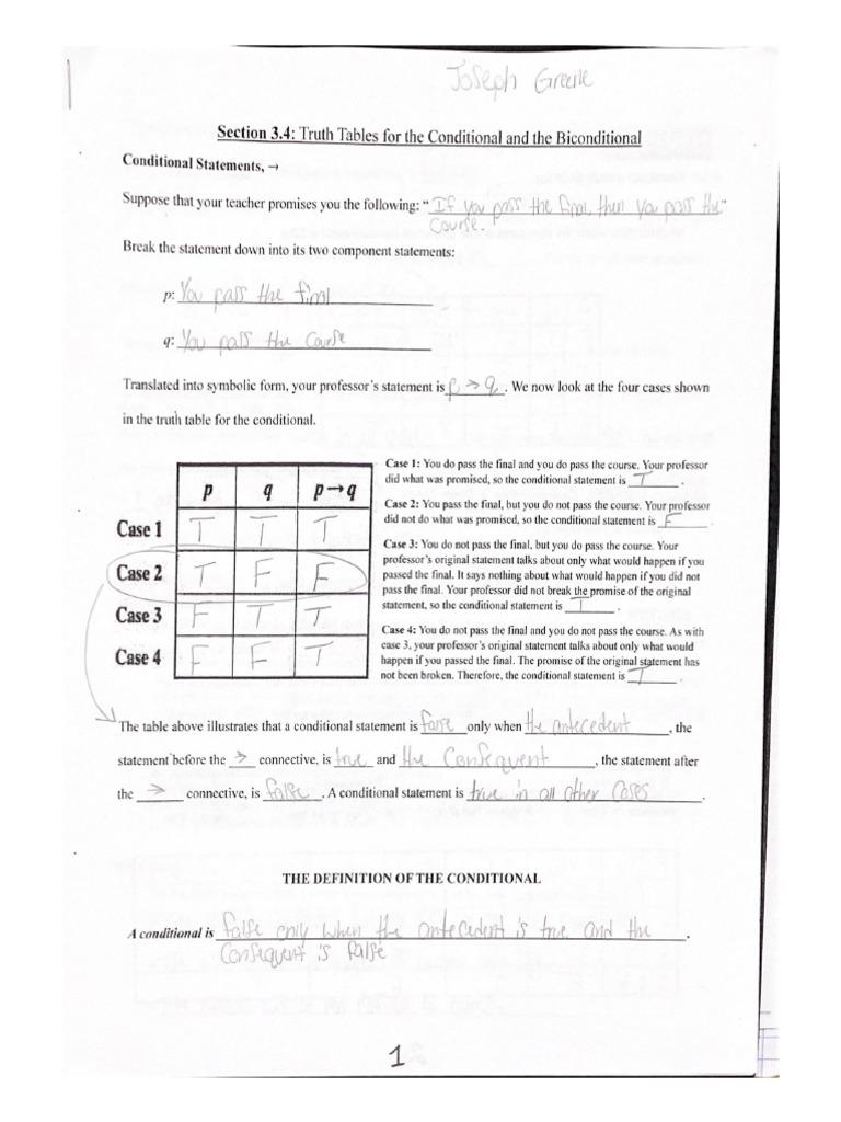 Section 3.4 Truth Tables For The Conditional and The Biconditional | PDF