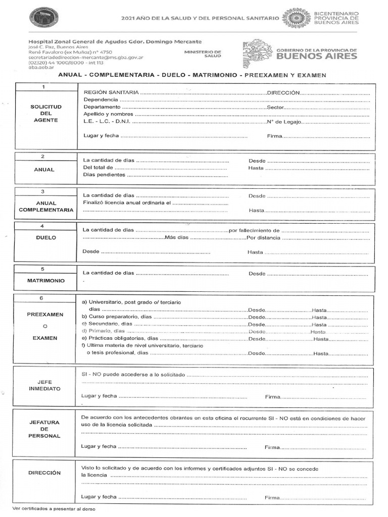 Licencia Anual Complementaria Duelo Matrimonio Examen 2021 Oficio | PDF