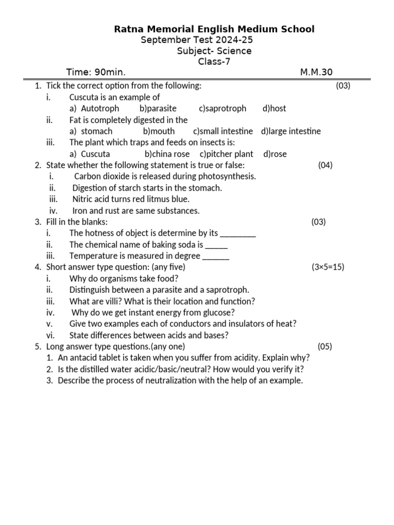 Sep Test Science 7 | PDF