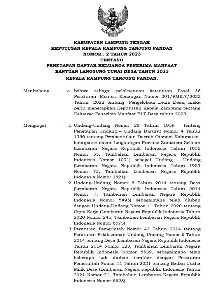 Tanjung Pandan SK KPM BLT Desa 2023 | PDF