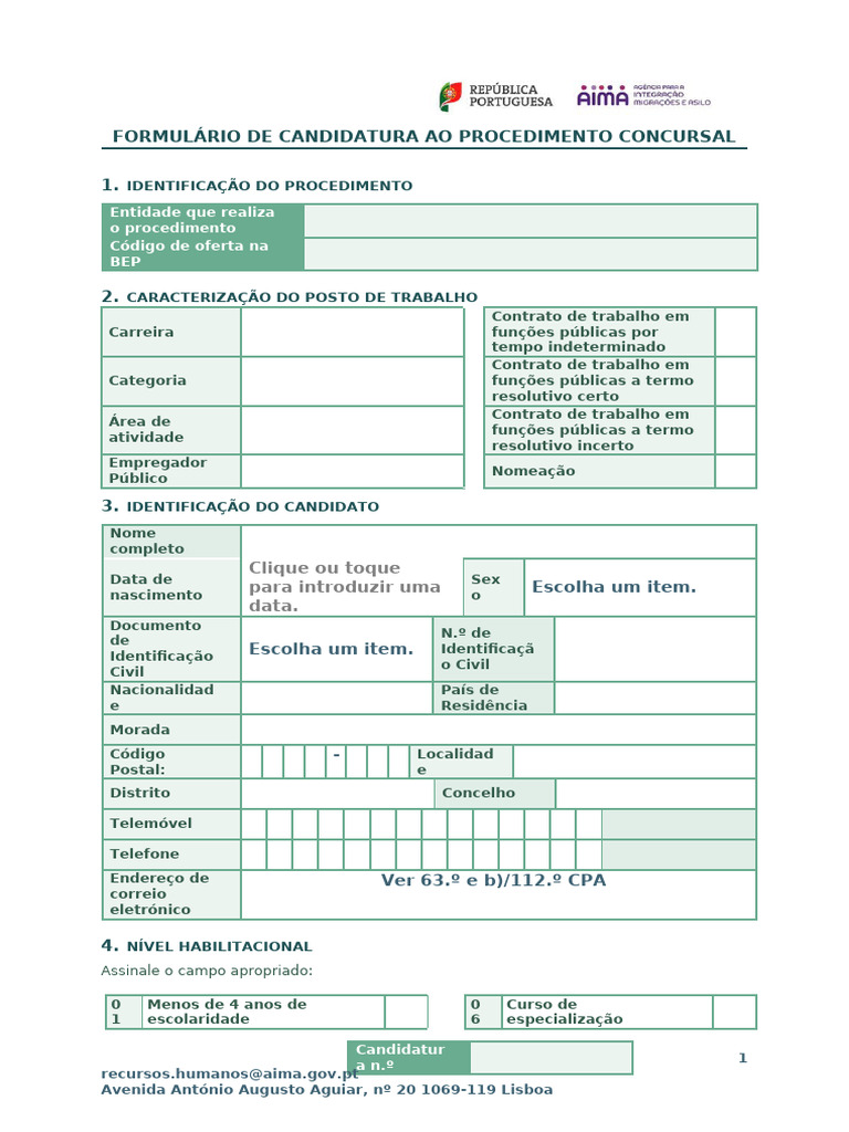 Formulario Candidatura Procedimento Concursal Aima 4 | PDF