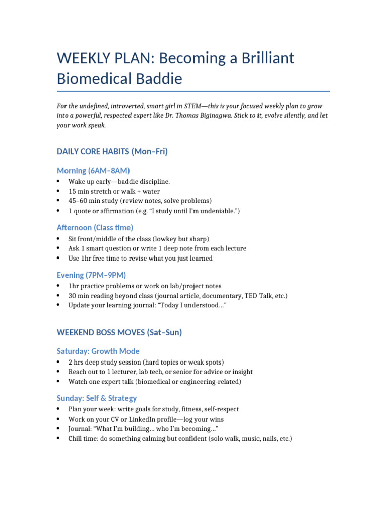 Biomedical Baddie Weekly Plan | PDF