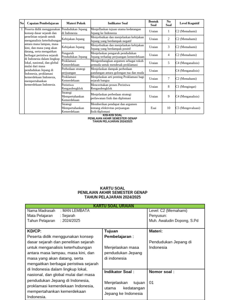 Kisi'' Dan Kartu Soal Seji Kls XI Genap | PDF