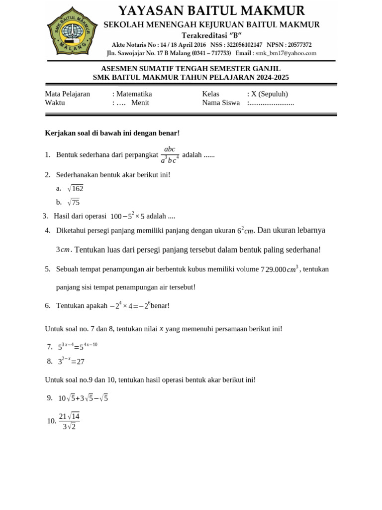 Naskah Soal ASTS Matematika Kelas X | PDF