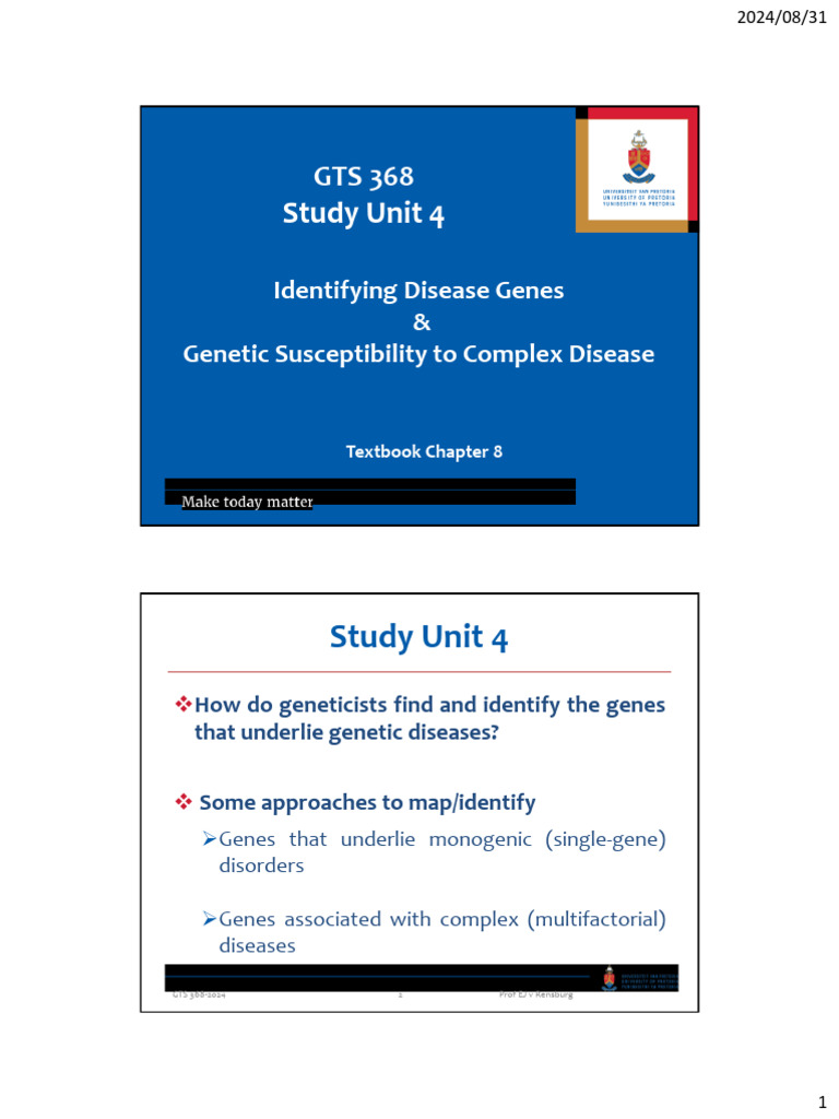 Study Unit 4 - Lecture 1 and 2 - Disease Gene Identification - Introduction - Linkage 2024 | PDF ...