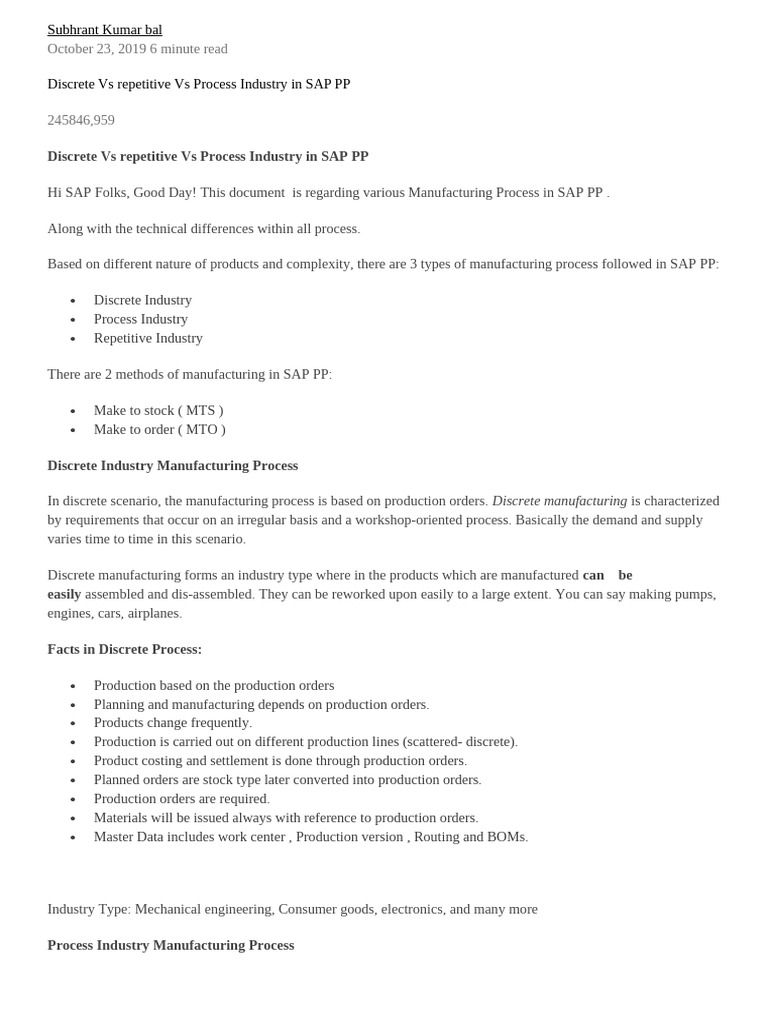 Discrete Vs Repetitive Vs Process Industry in SAP PP | PDF