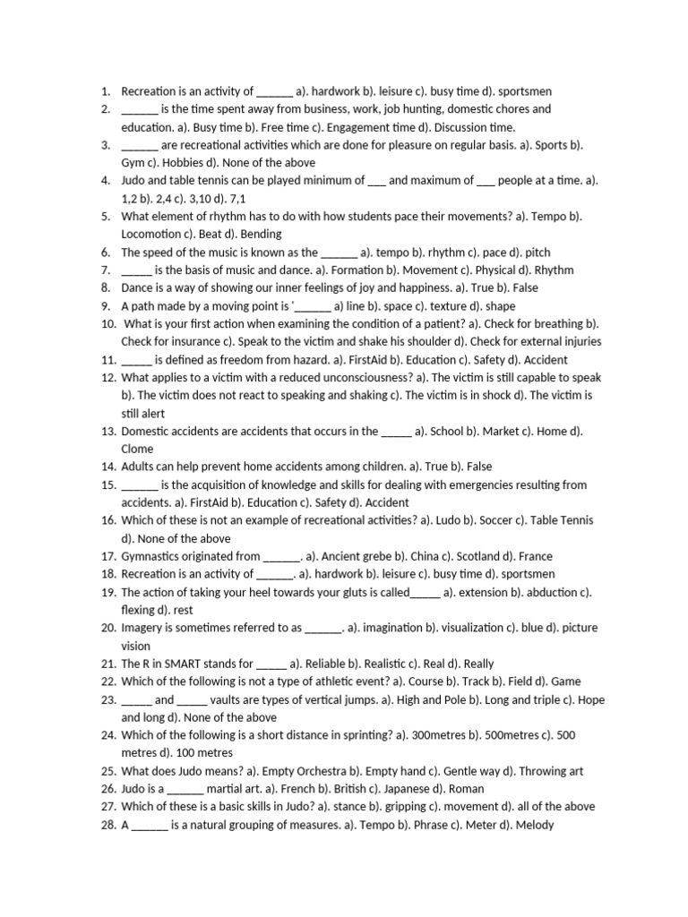 PHE JSS2 EXAM QUESTIONS | PDF | Rhythm | Recreation