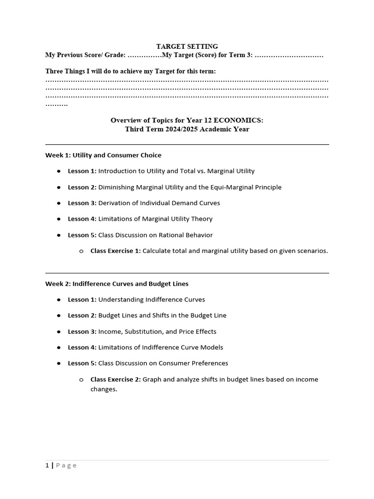 Yr 12 ECONOMICS - Topics Overview T3 (2024-25) | PDF | Utility | Profit ...