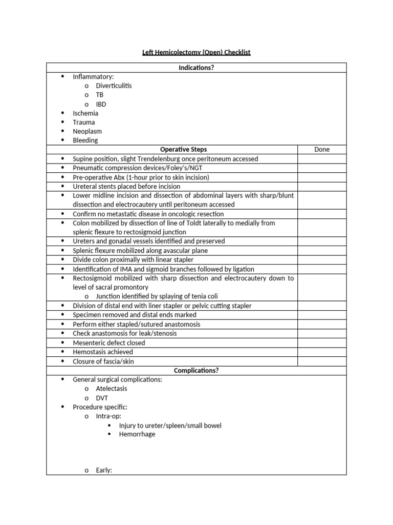 Left Hemicolectomy OSCE Checklist | PDF