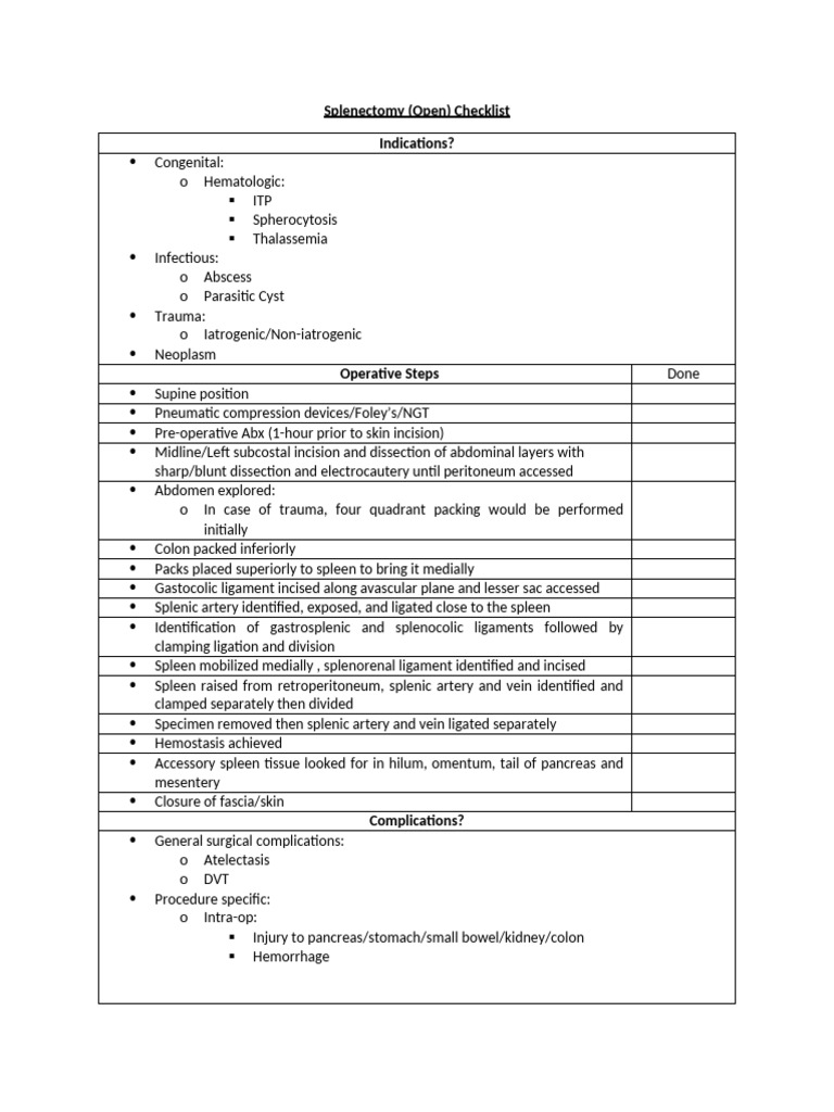Splenectomy OSCE Checklist | PDF
