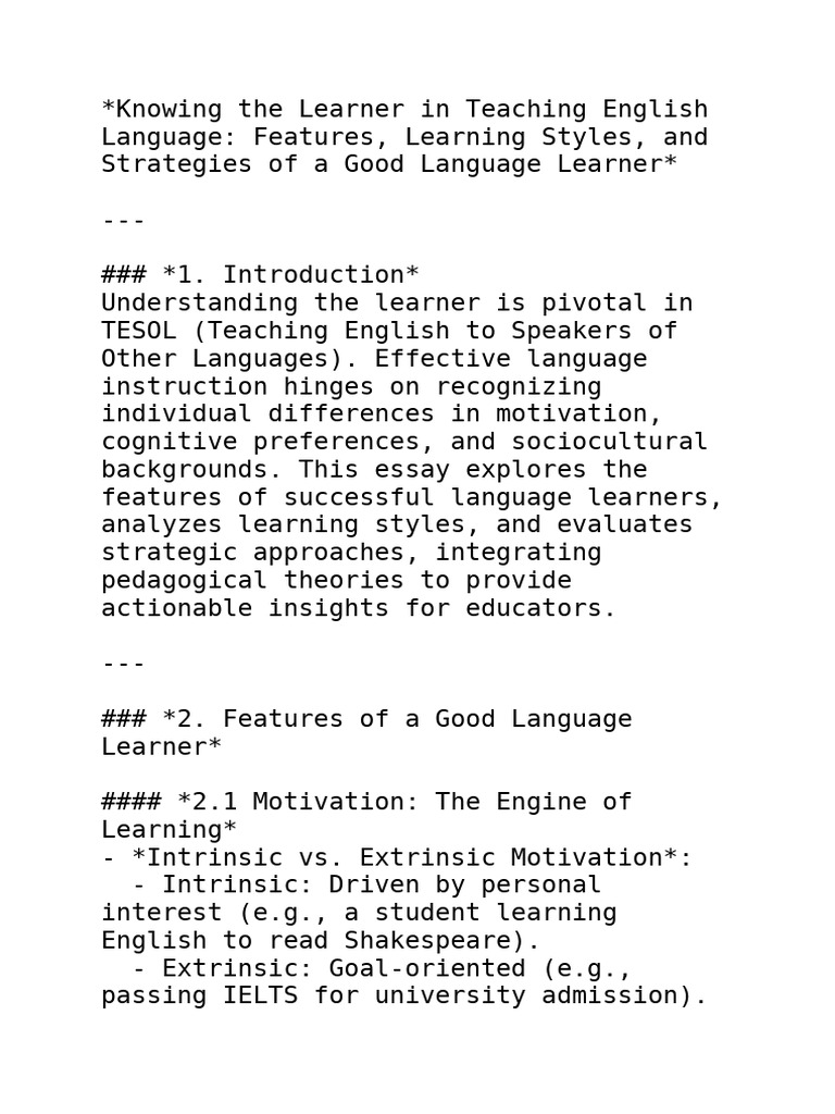 Understanding Learners in TESOL | PDF | Learning Styles | Motivational