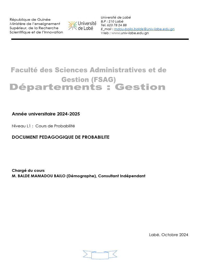Cours de Probabilité L1 - Université de Labé | PDF | Ensemble ...