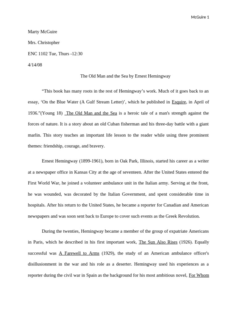 The Old Man and The Sea by Ernest Heming | PDF | Courage