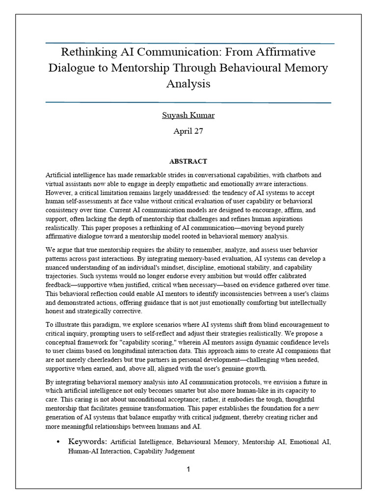 Rethinking AI Communication: From Affirmative Dialogue to Mentorship Through Behavioural Memory ...