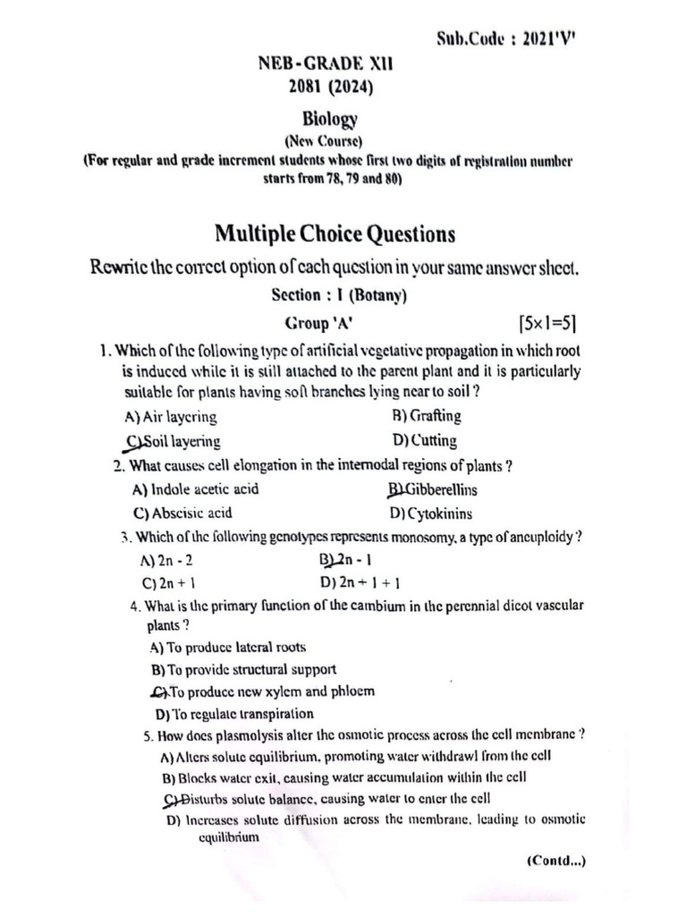 Class 12 Biology Paper 2081 (Bagmati) | PDF