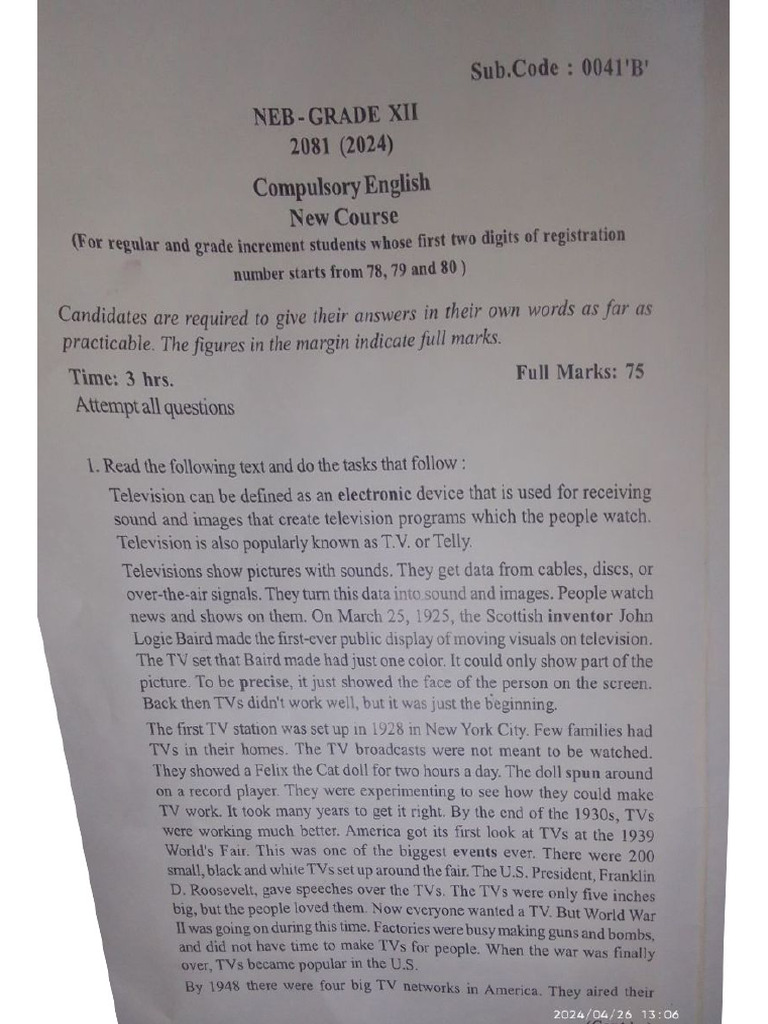 Class 12 English Question Paper (Sudurpaschim Province) | PDF