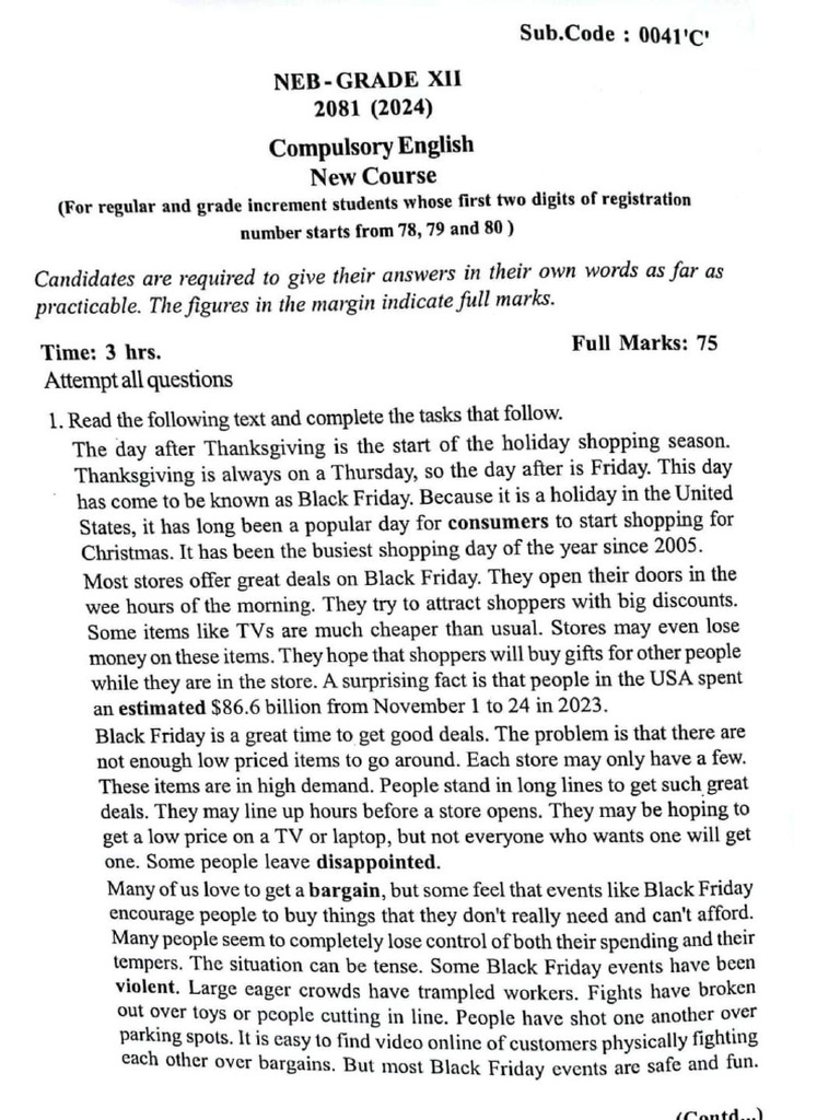 Class 12 English Question Paper 2081 (Bagmati Province) | PDF