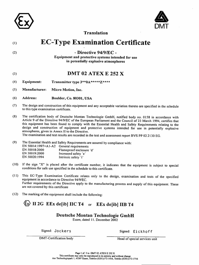 Certificate Atex 3350 3700 Micro Motion en 66860 | PDF