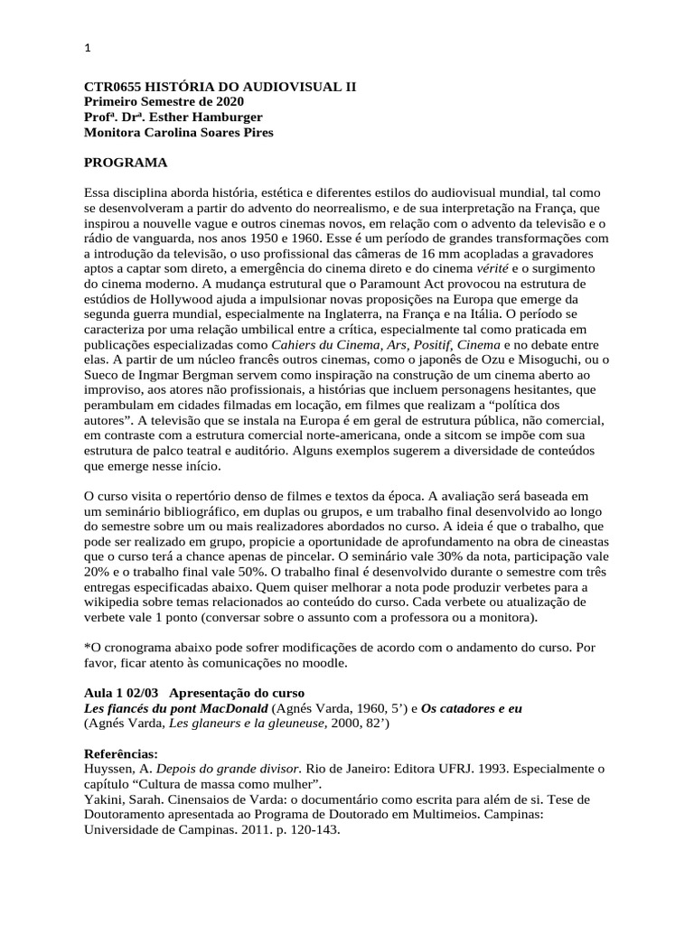 USP_HISTÓRIA DO AUDIOVISUAL II 2020 REVISTO | PDF