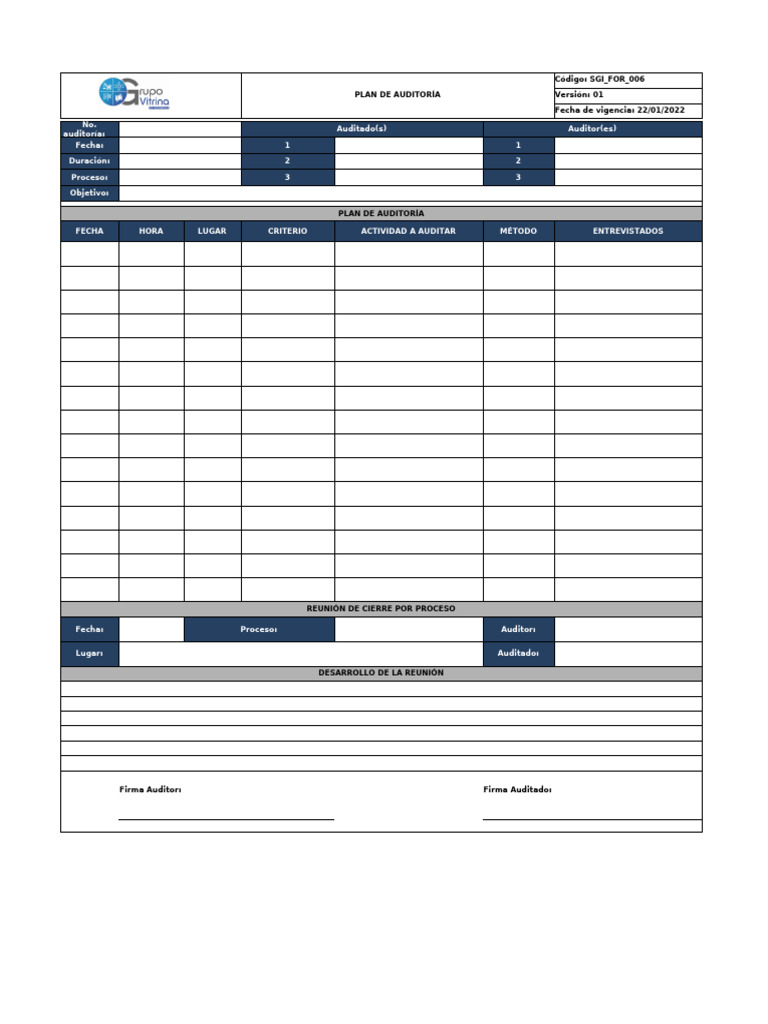 ANEXO No 5 SGI - FOR - 006 Plan de Auditoría V1 | PDF
