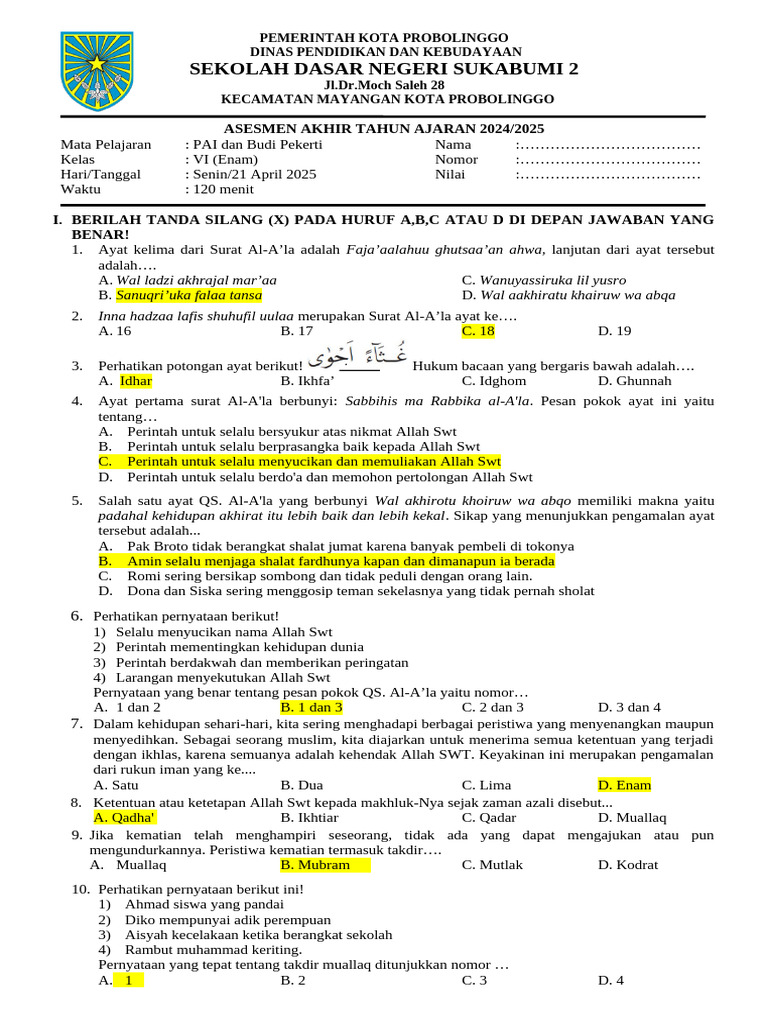 Soal Aat Pai Kelas Vi 20242025 Fix | PDF