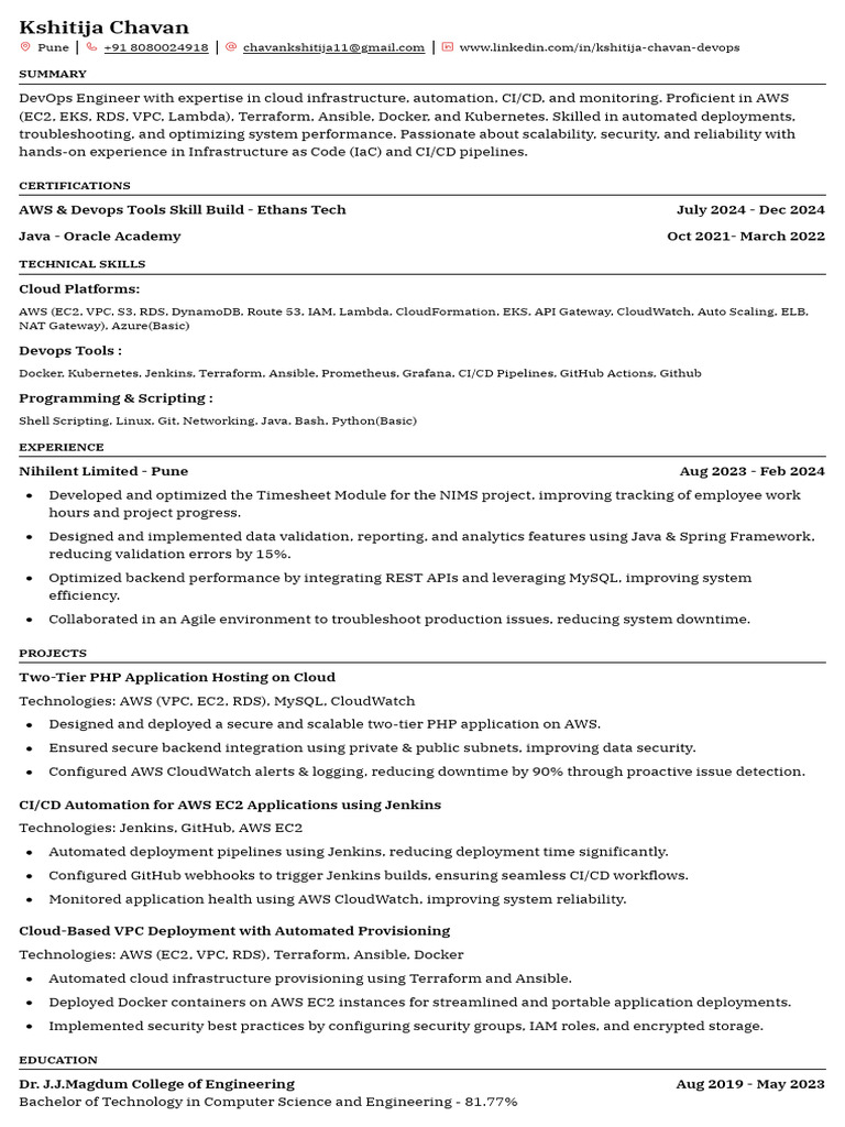Devops Engineer - Kshitija Chavan | PDF | Amazon Web Services | Cloud ...
