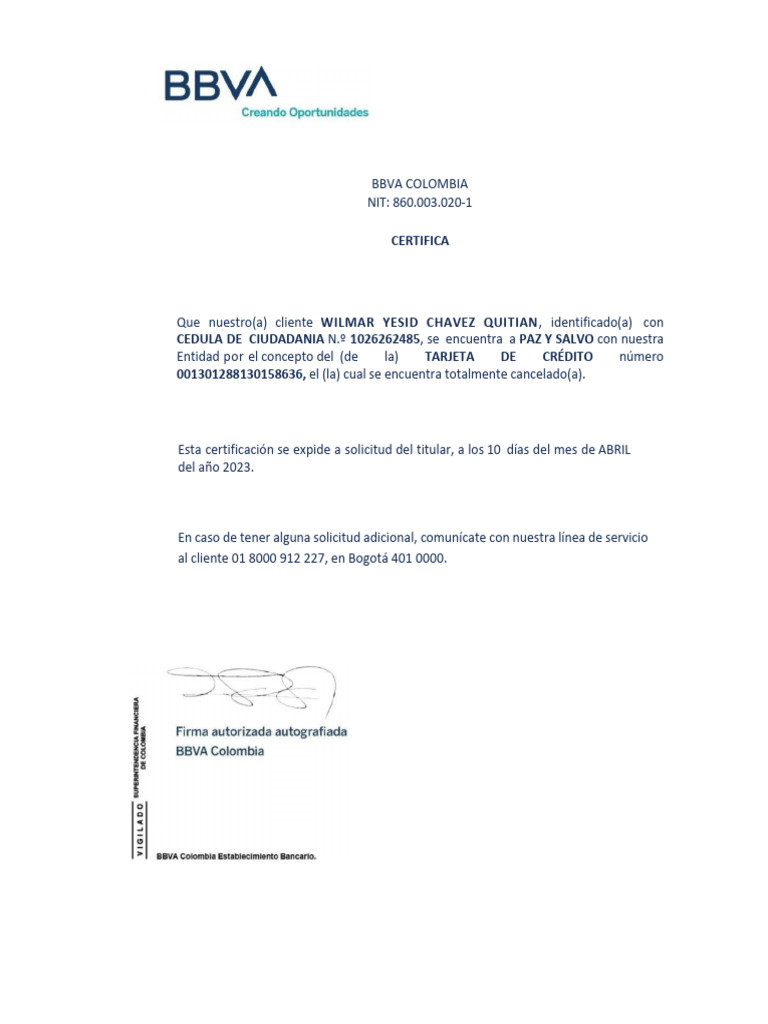 Certificación Paz y Salvo BBVA Colombia | PDF