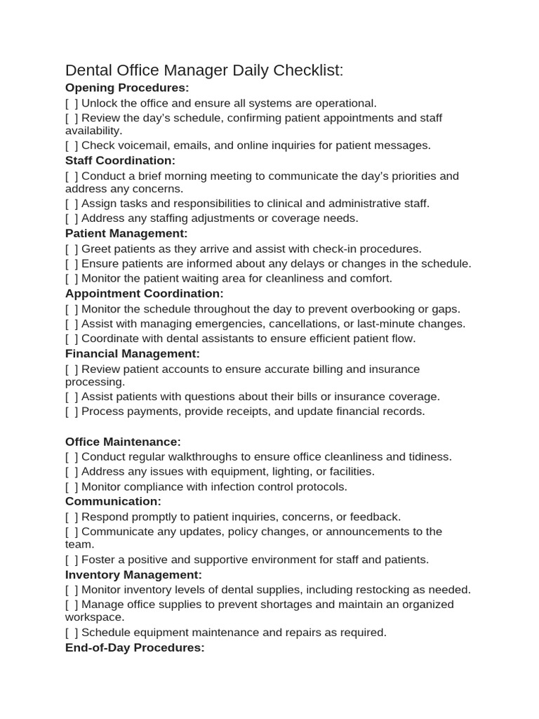 Printable Dental Office Daily Checklist