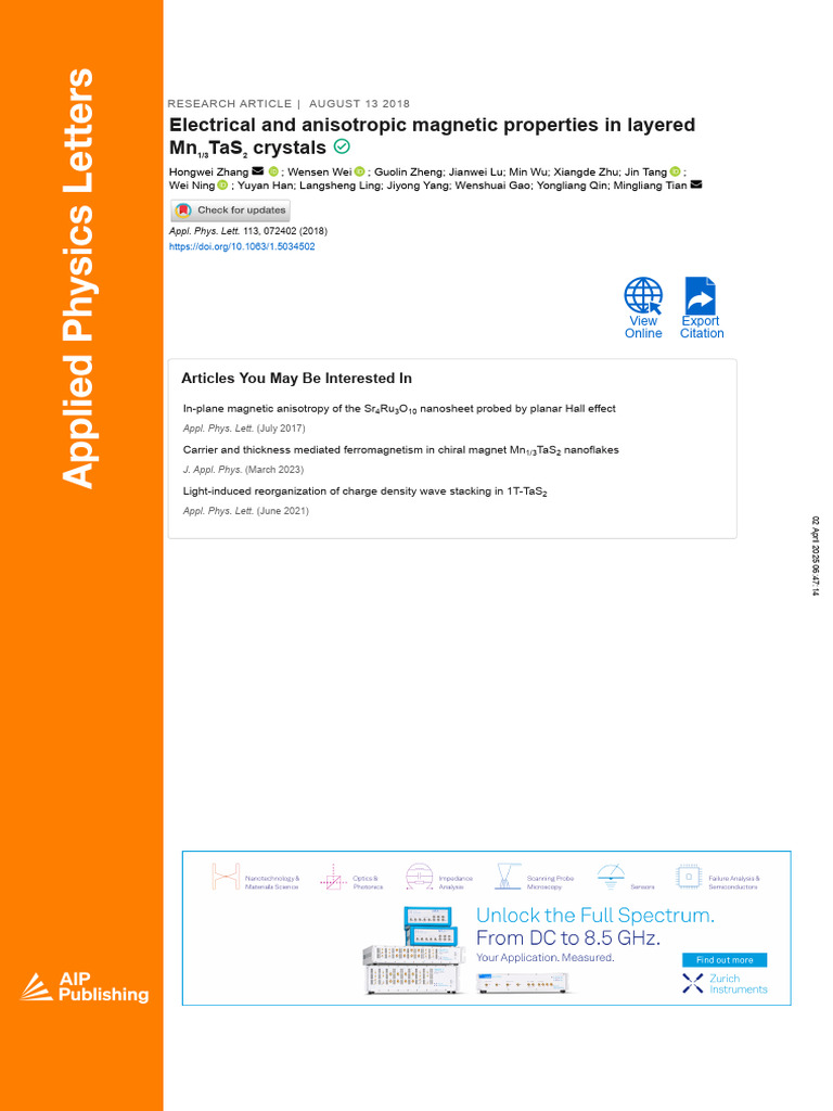 Zhang2018 - Electrical and Anisotropic Magnetic Properties in Layered | PDF | Ferromagnetism ...