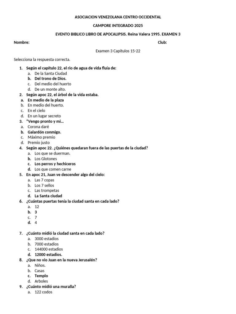 Examen 3 Apoc 16-22 RESPUESTAS | PDF | Contenido del Nuevo Testamento ...