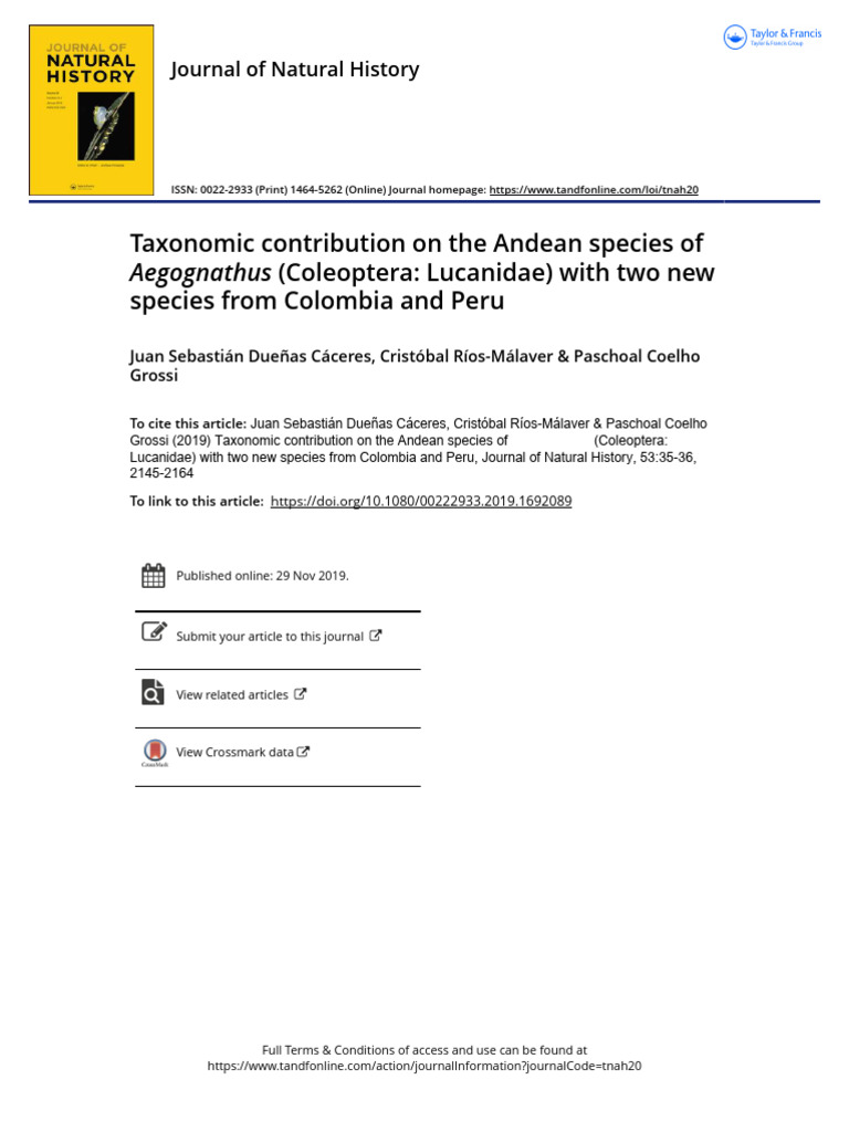 Taxonomic Contribution On The Andean Species of Aegognathus Coleoptera ...