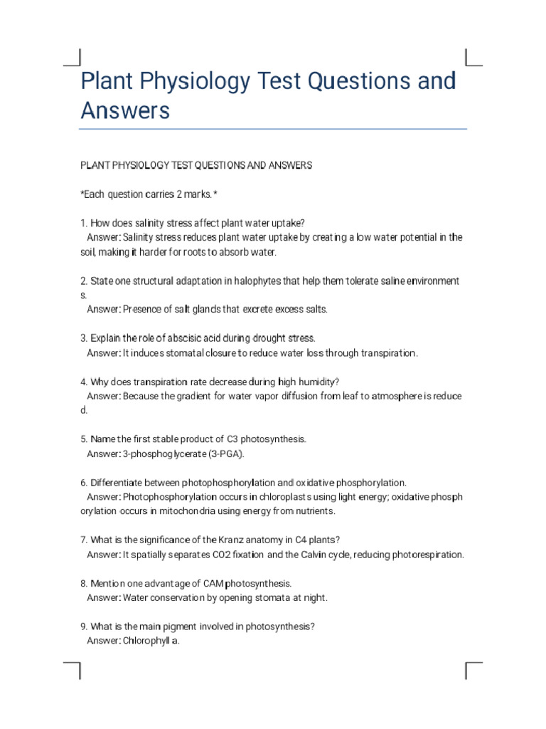 Plant Physiology Test Questions Phoenix | PDF