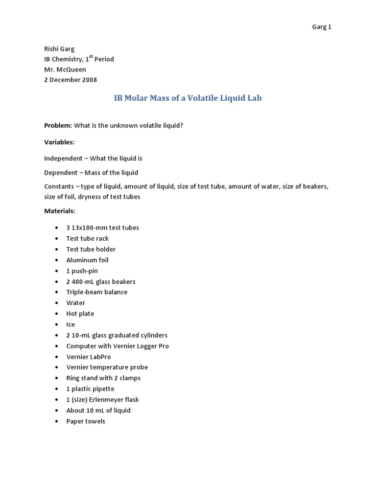 Lab - Volatile Liquid | PDF | Mole (Unit) | Gases