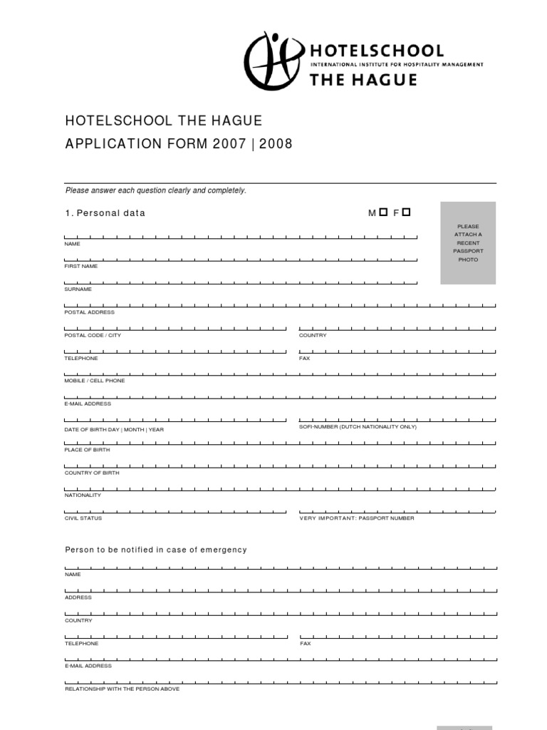 Hotelschool The Hague Application Form 2007 - 2008: 1. Personal Data M ...