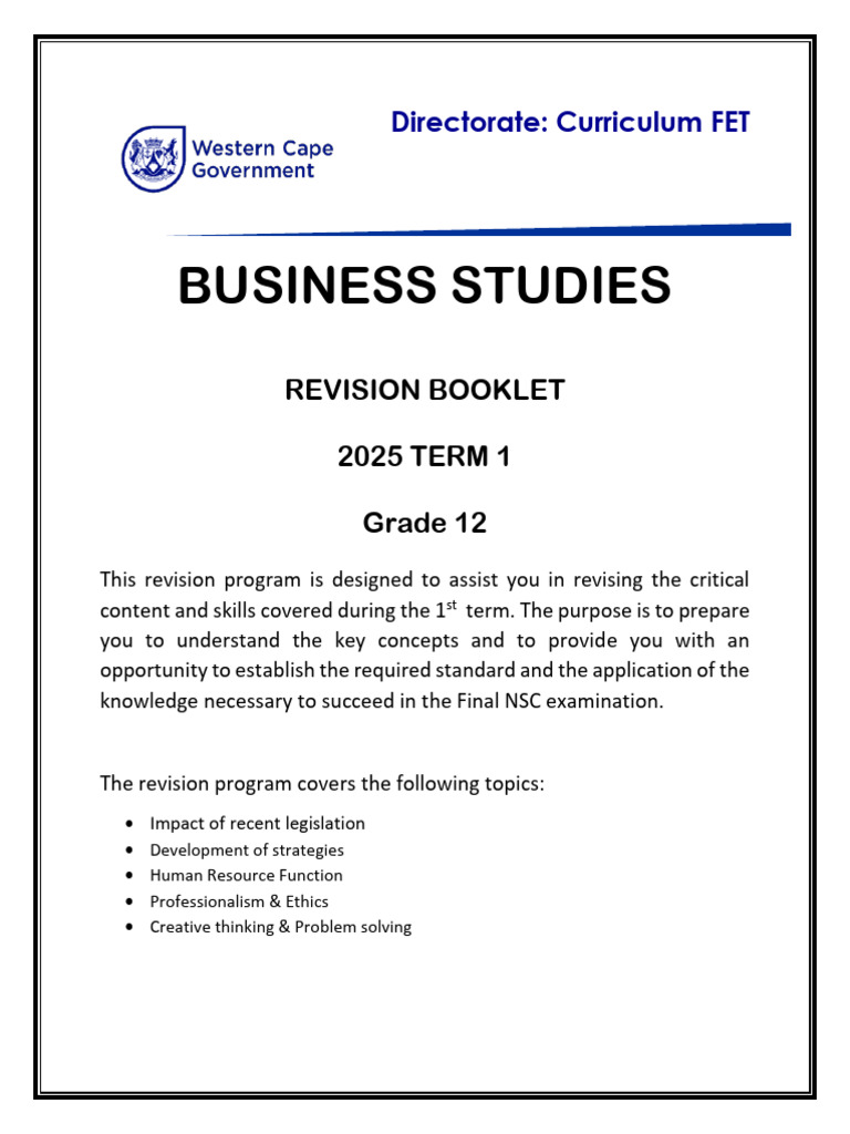 Grade 12 Business Studies Revision 2025 | PDF | Business Ethics ...