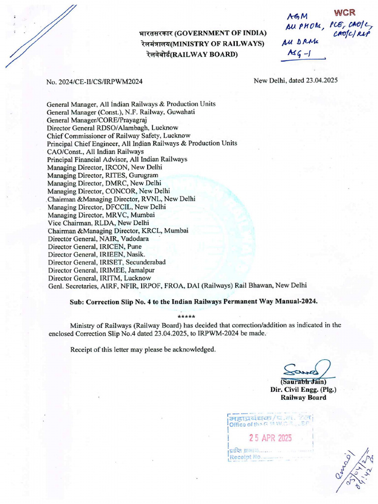 Correction Slip No. 4 To The Indian Railways Permanent Way Manual-2024 ...